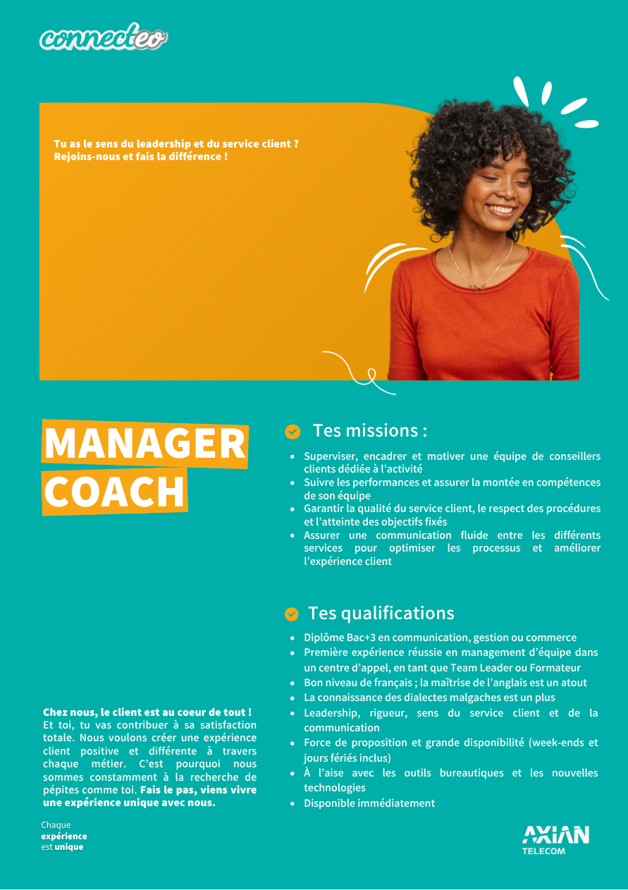 Emploi - Recrutement MANAGER COACH FRONT OFFICE a MDG / Immeuble TANASHORE – Zone Futura ...